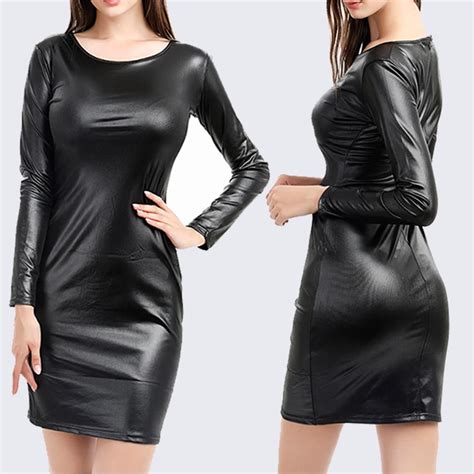 여성용 섹시한 나이트 클럽 드레스 인조 가죽 긴 소매 O 넥 무릎 가방 힙 타이트 펜슬 드레스드레스 Aliexpress