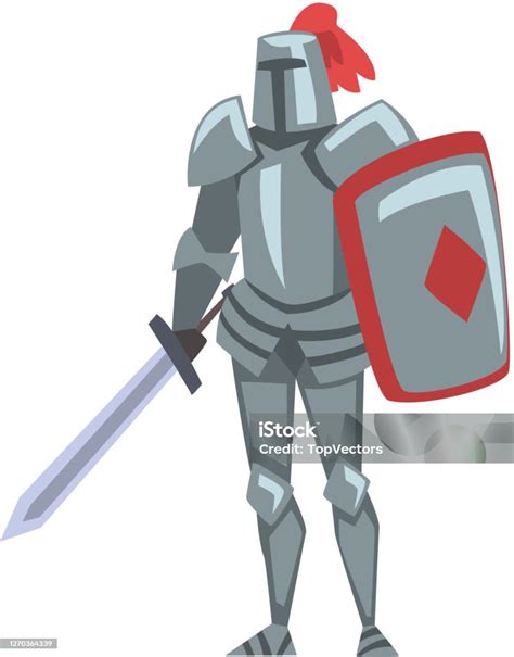 중세 기사 방패와 칼 만화 스타일 벡터 일러스트와 전체 금속 몸 갑옷에 기병 전사 캐릭터 강철에 대한 스톡 벡터 아트 및 기타 이미지 강철 검 경쟁 Istock