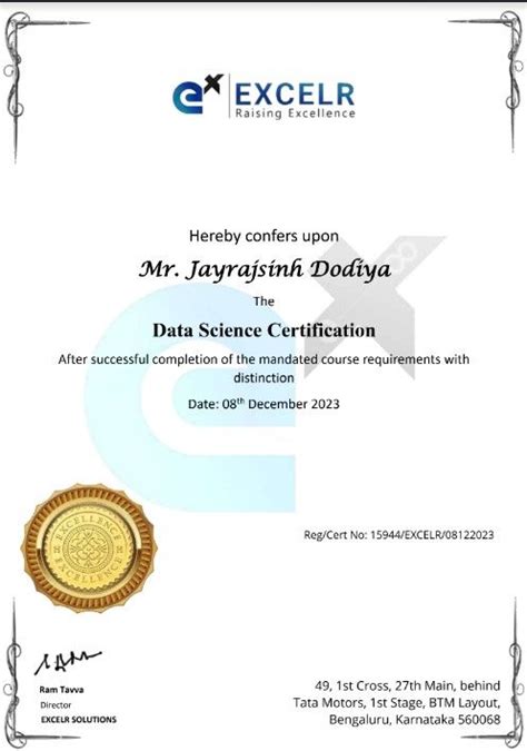 Completed Data Science Course At Excelr Solutions Jayrajsinh Dodiya