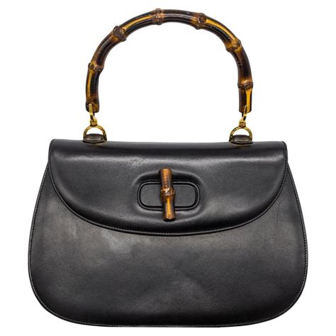 Gucci Bamboo Vintage 1947 Black Leather Large Top Handle Bag 1980 For