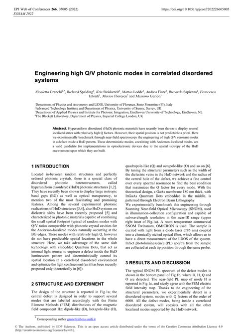 Pdf Engineering High Q V Photonic Modes In Correlated Disordered Systems
