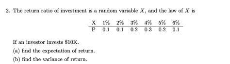 Solved 2 The Return Ratio Of Investment Is A Random Chegg Com