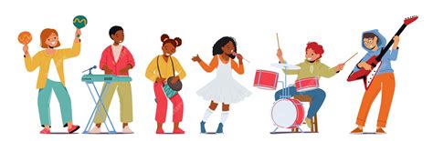 마라카스 신디사이저 드럼과 일렉트릭 기타를 연주하는 재능있는 작은 예술가 현대 악기를 연주하는 소녀와 소년 마이크 음악 콘서트 키즈 밴드 만화 벡터 일러스트와 함께 노래