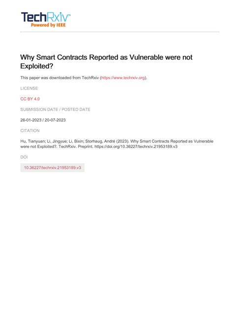 Why Smart Contracts Reported As Vulnerable Were Not Exploited Resubmit