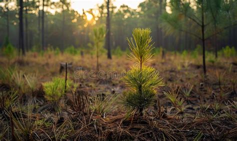 A Seedling Longleaf Pine Grows In A Clearing Among A Managed Longleaf