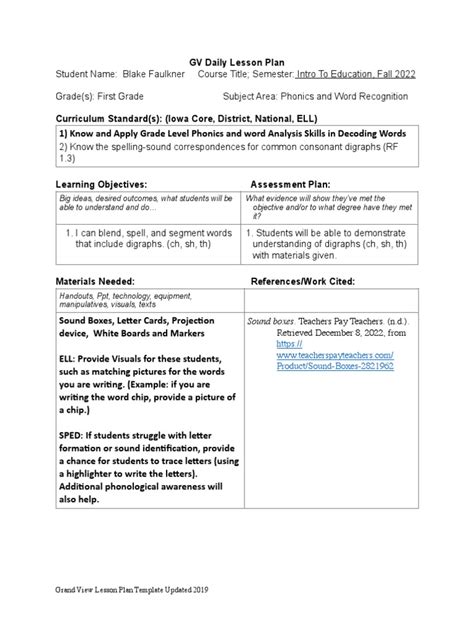 Gv Lesson Plan Form Done Pdf Phonics Cognitive Psychology