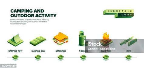 캠핑과 야외 활동 아이소메트릭 아이콘과 3차원 배너 디자인의 벡터 그림 캠프 캐러밴 캠핑 텐트 하이킹 모험 여행 야외 숲 나무 산 피크닉 자연 3차원 형태에 대한 스톡 벡터