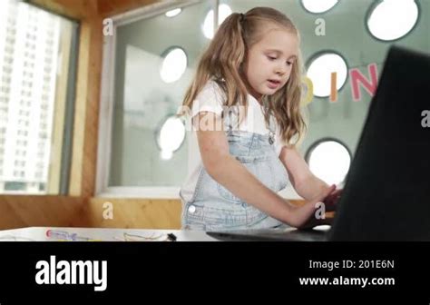 Cute Girl Using Laptop Programing Software While Looking At Camera With Confident To Celebrate