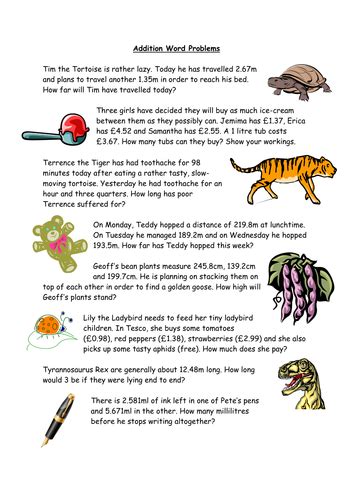 Addition Word Problems Decimal Numbers Teaching Resources