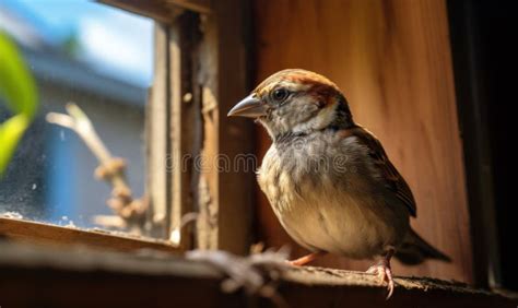 Little Sparrow Sitting On The Window Sill And Looking Out The Window