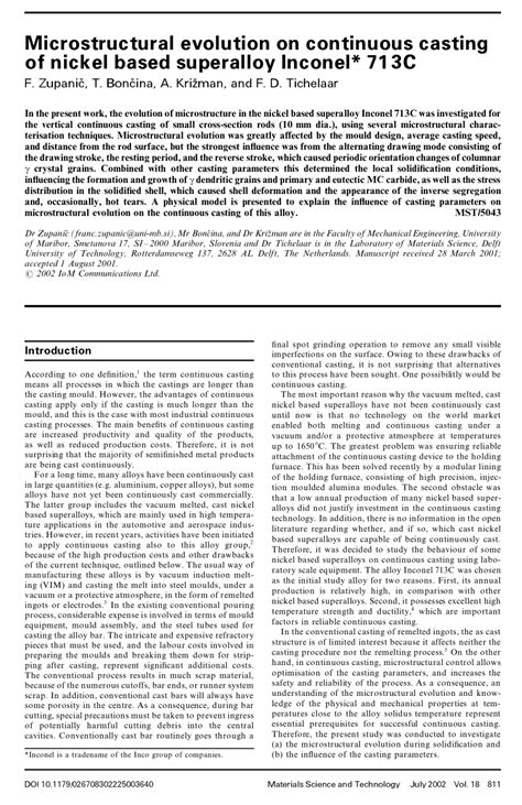 Pdf Microstructural Evolution On Continuous Casting Of Nickel Based Superalloy Inconel 713c