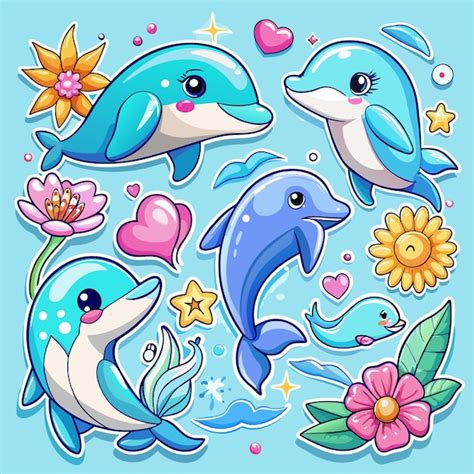 Cute Cartoon Dolphins With Hearts Flowers And Stars Stickers Premium