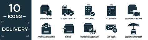 채워진 배달 아이콘이 설정되었습니다 플랫 배송 정보 글로벌 물류 확인 클립 보드 배송 일정 패키지 확인 화물 전세계 우편 번호 물류 우산 아이콘을 편집 할 수 있습니다