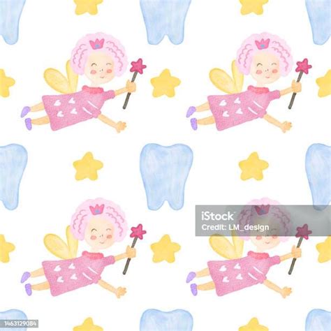 작은 치아 수채화 패턴입니다 귀여운 만화 작은 이빨 치아 요정 첫 번째 치아 패턴입니다 손으로 그린 수채화 배경 디지털 종이 0명에 대한 스톡 벡터 아트 및 기타 이미지
