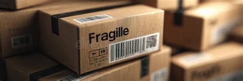 Stack Of Fragile Parcels With Open Layout And Barcode Scan Overlay In A Warehouse Setting Stock