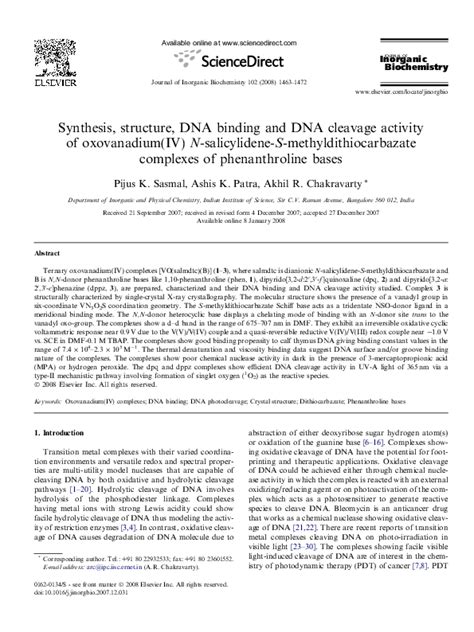 Pdf Synthesis Structure Dna Binding And Dna Cleavage Activity Of Oxovanadium Iv N