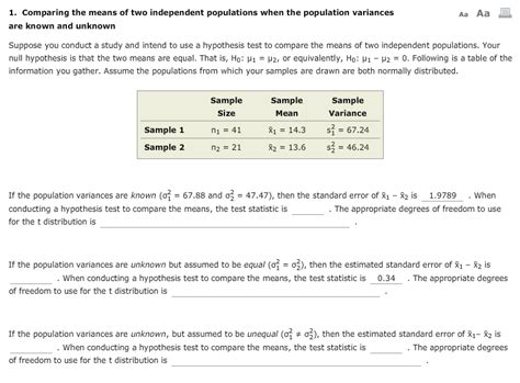 Solved Comparing The Means Of Two Independent Population