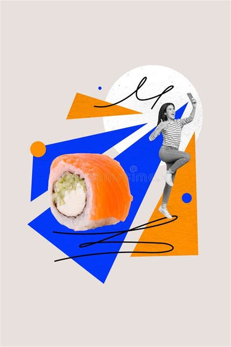 Collage Vertical Compuesto De Fotos De Una Chica Satisfecha Se Hace Selfie Con Sushi Delicioso