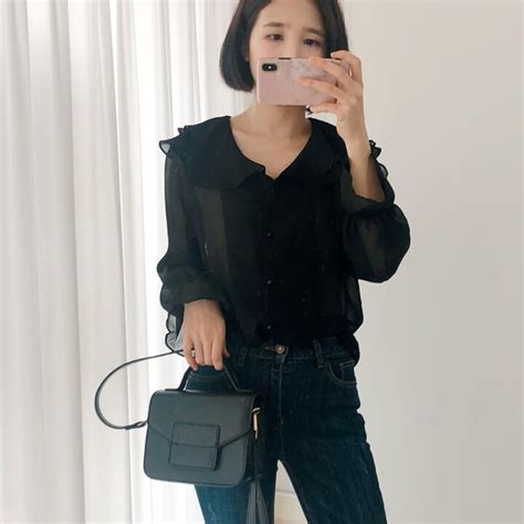 잔주름 빅카라 프릴 시스루 레이어드 블라우스