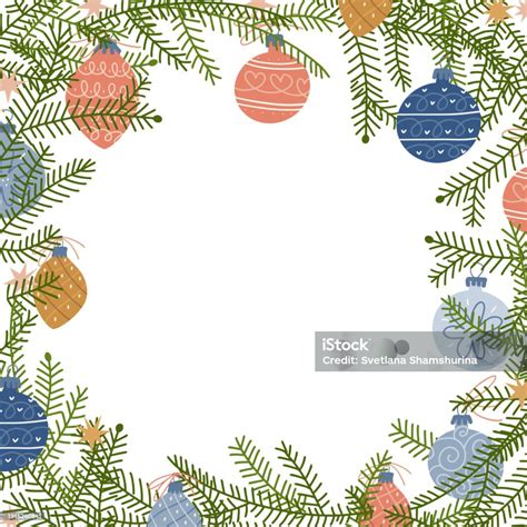 크리스마스 공으로 장식 된 전나무 숲 발로 만든 사각형 프레임 휴일 포스터와 카드에 대한 아늑한 디자인 요소 빈 배너입니다 플랫 벡터 손 그린 그림 0명에 대한 스톡 벡터