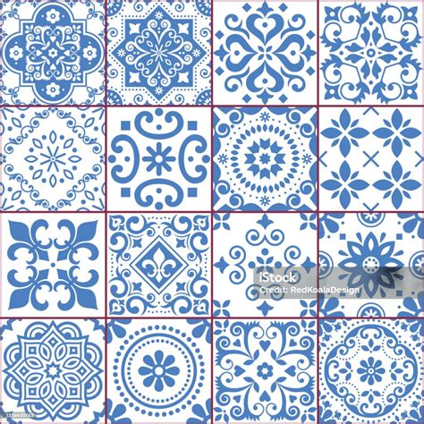 포르투갈어와 스페인 아줄레호 타일 블루와 화이트의 원활한 벡터 패턴 컬렉션 포르투갈과 스페인의 타일 아트에서 영감을 받은