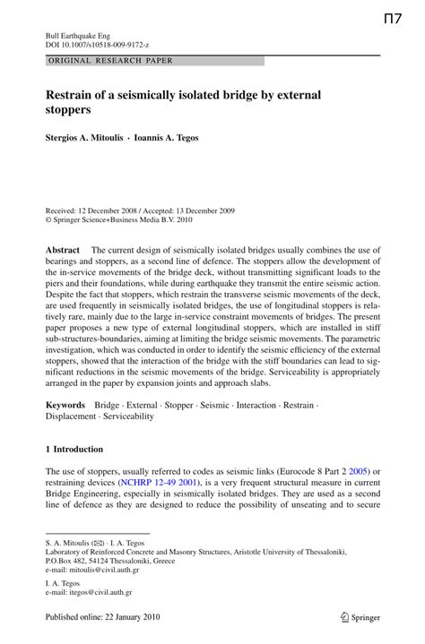 Pdf Restrain Of A Seismically Isolated Bridge By External Stoppers