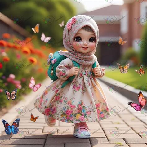 بک گراند کودکانه دختر کوچولوی ناز با حجاب با کوله پشتی در حال دویدن کد