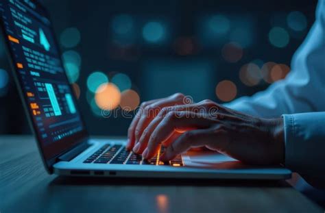 Close Up Of Hands Typing On Laptop Glowing Symbols Of Technology And Artificial Intelligence