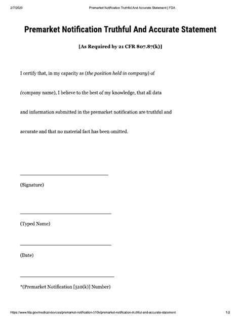 Premarket Notification Truthful And Accurate Statement Fda Pdf