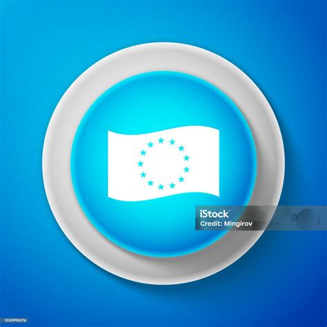 유럽 연합의 백기 아이콘 파란색 배경에 고립 Eu 원 기호입니다 흔들며 Eu 플래그입니다 화이트 라인 블루 원형 버튼입니다 벡터 일러스트 레이 션 3차원 형태에 대한 스톡