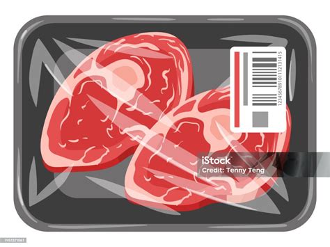 만화 붉은 고기 스테이크 진공 플라스틱 포장에 담긴 돼지고기 또는 쇠고기 스테이크 흰색 배경에 폴리에틸렌 평면 벡터 삽화로
