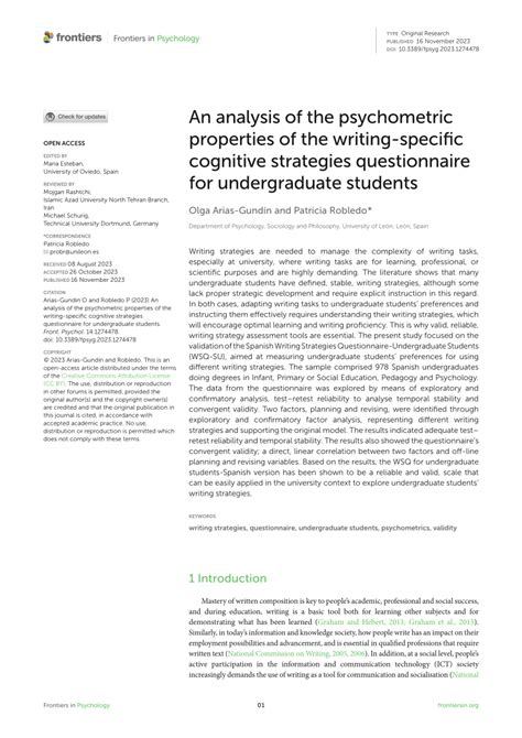 Pdf An Analysis Of The Psychometric Properties Of The Writing Specific Cognitive Strategies