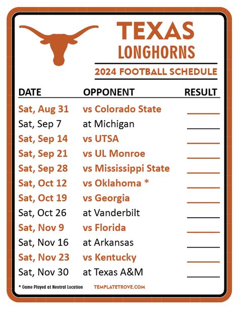 Texas Longhorns Football Schedule Pdf Paule Shandy