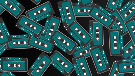 음악 오디오 카세트로 끝없는 매끄러운 패턴은 검은 배경에 고립 된 70 년대 80 년대 90 년대의 오래된 복고풍 빈티지 힙 스터입니다 벡터 그림 1980 1989 년에