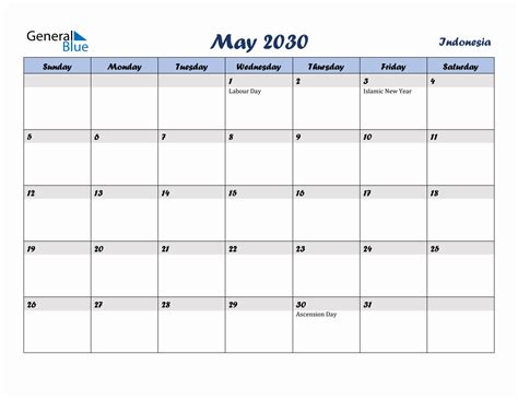 May 2030 Monthly Calendar Template With Holidays For Indonesia