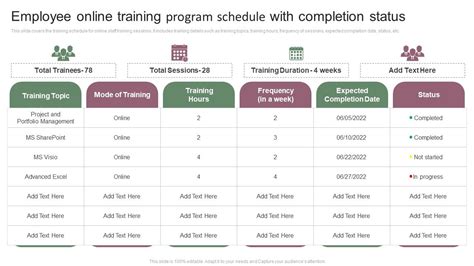 Employee Online Training Program Schedule With Completion Status Icons Pdf