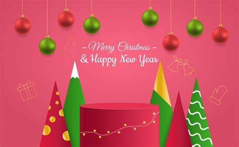 메리 크리스마스 판매 프로모션 포스터 배너 제품 디스플레이 원통형 모양과 크리스마스 트리와 공 화환 추상적 인 현실적인 3d 실린더 받침대 연단 새해 배경 가격에 대한 스톡