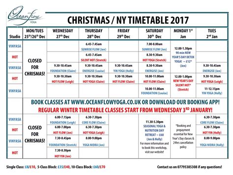 Our Christmas And New Year Class Timetable 201718 Uk