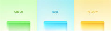 흰색 빈 방에 있는 3d 녹색 노란색 및 부드러운 파란색 현실적인 원형 제품 연단 벽 최소 장면 모형 제품 무대 쇼케이스 배너 프로모션 디스플레이 추상 벡터 기하학적 형태