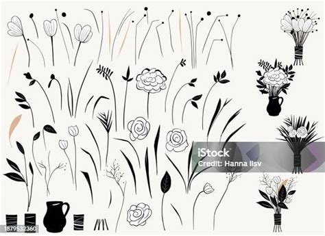 꽃무늬 디자인을 위한 단색 요소 세트입니다 꽃 새싹 줄기 및 잎 꽃 생성자 꽃다발의 윤곽을 그립니다 꽃병에 대한 스톡 벡터 아트 및 기타 이미지 Istock