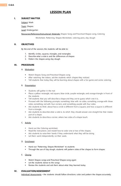 Lesson Plan About Shapes Printable Lesson Plans Lesson Plan Examples
