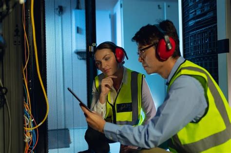 Premium Photo Diverse Male And Female Engineer Using Digital Tablet While Inspecting In