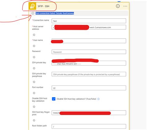 Sftp Ssh Error Test Connection Failed Details Bad Gateway