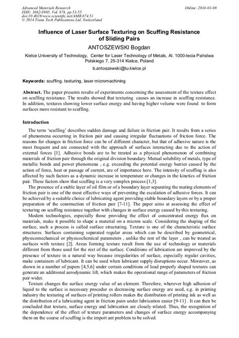 Influence Of Laser Surface Texturing On Scuffing Resistance Of Sliding Pairs Scientific Net