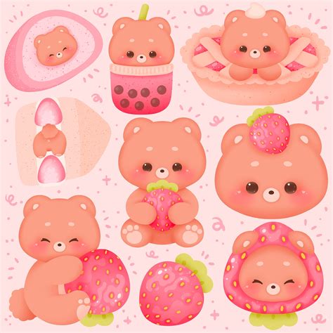 Cute Kawaii Printable Strawberry Bear Clipart Commercial Etsy