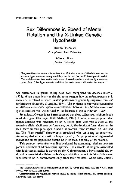 Pdf Sex Differences In Speed Of Mental Rotation And The X Linked Genetic Hypothesis
