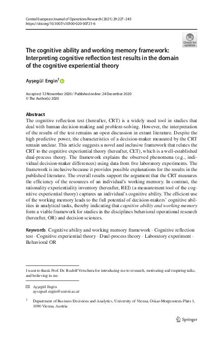 Pdf The Cognitive Ability And Working Memory Framework Interpreting Cognitive Reflection Test