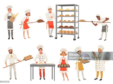 빵과 요리 도구와 베이커 문자 설정합니다 앞치마와 모자 젊은 남녀에 빵집에서 통일 작업에 행복 한 사람 벡터 흰색 절연 가족에 대한 스톡 벡터 아트 및 기타 이미지 Istock