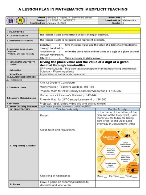 A Lesson Plan In Mathematics Iv Explicit Teaching Place Value And Value Of Decimals Pdf