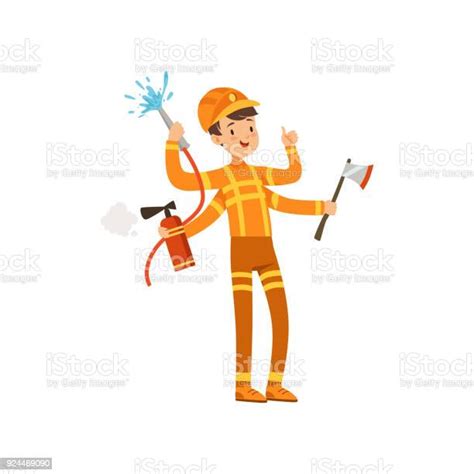 멀티태스킹 소방 관 캐릭터 소방 장비 벡터 그림 흰색 배경에 들고 많은 손으로 남자 소방 관 개념에 대한 스톡 벡터 아트 및 기타 이미지 Istock